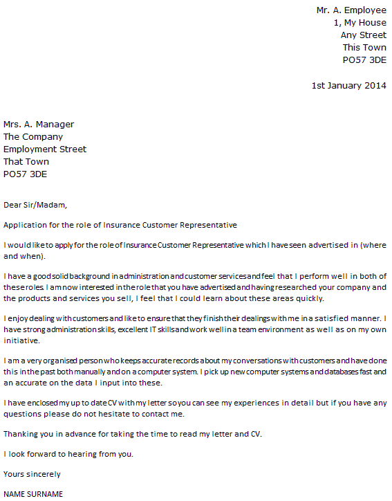 Insurance Customer Service Representative Cover Letter Example Icover 