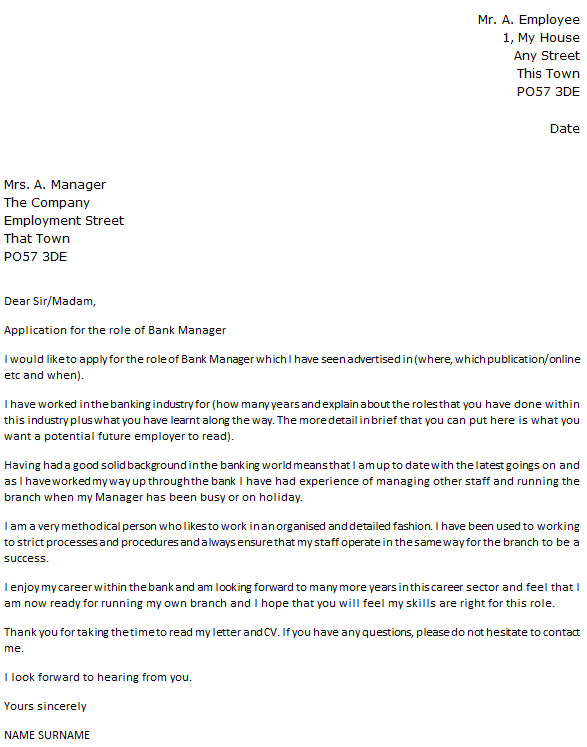 Bank Manager Cover Letter Example Icover uk