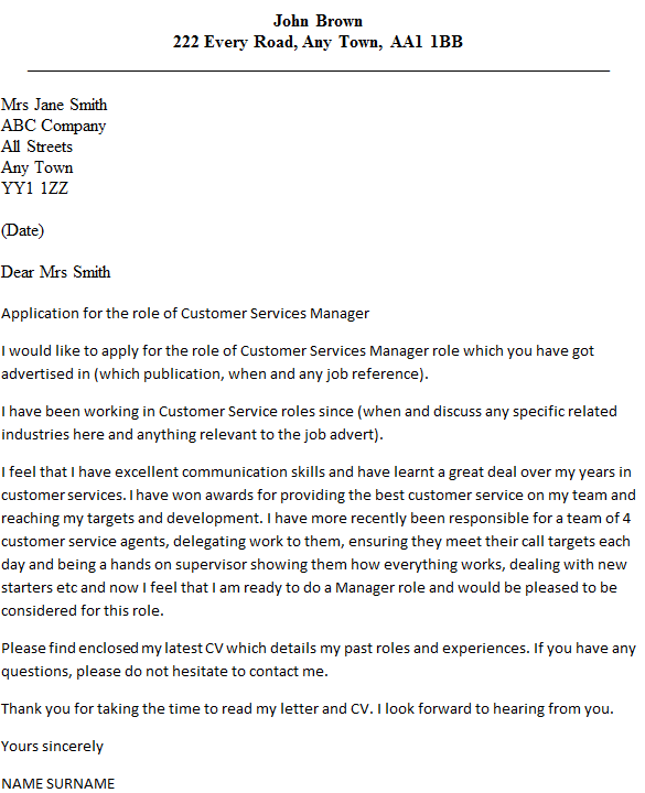 Customer Services Manager Cover Letter Example Icover uk