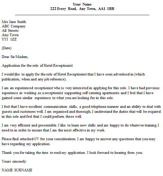 Hotel Receptionist Cover Letter Example Icover uk Icover uk