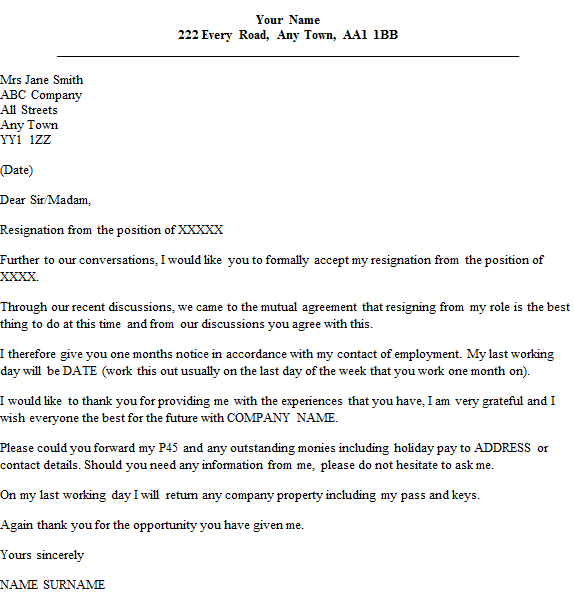 Mutual Resignation Letter Example Icover uk Mutual Resignation Letter Example Icover uk