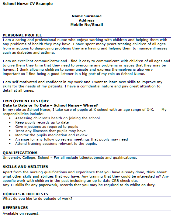 School Nurse CV Example Icover uk School Nurse CV Example Icover uk