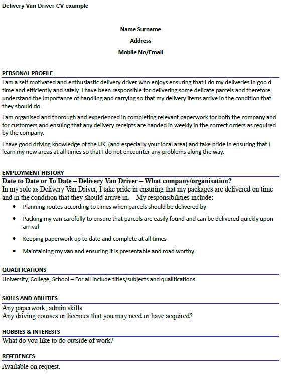Delivery Van Driver CV Example Icover uk Delivery Van Driver CV Example Icover uk