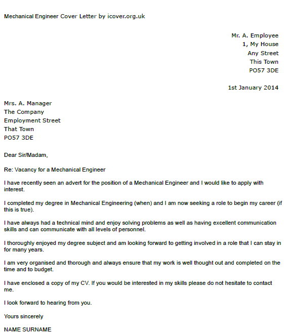 Mechanical Engineer Cover Letter Example Icover uk