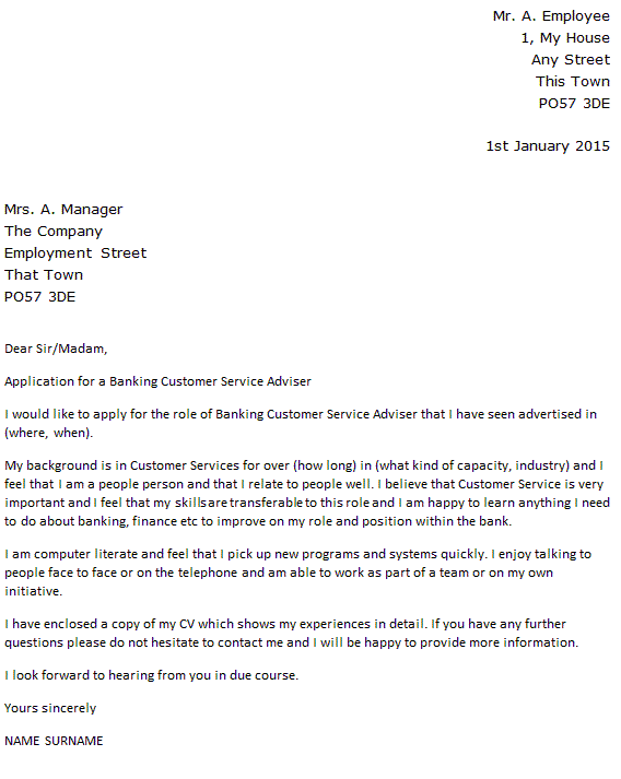 Banking Customer Service Adviser Cover Letter Example Icover uk