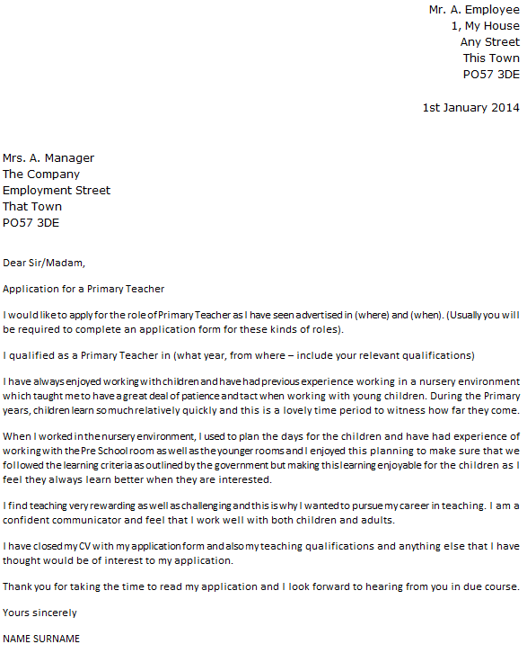 Primary Teacher Cover Letter Example Icover uk