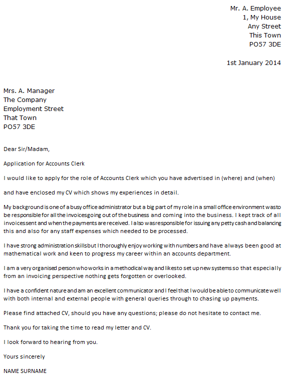 Accounts Clerk Cover Letter Example Icover uk