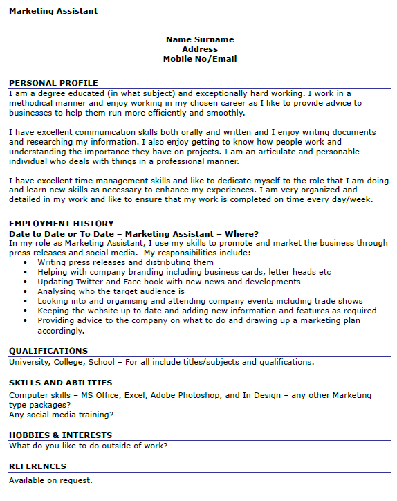 Marketing Assistant CV Example Icover uk