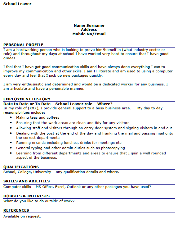School Leaver CV Example Icover uk