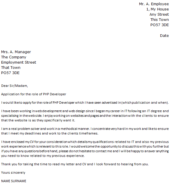 PHP Developer Cover Letter Example Icover uk