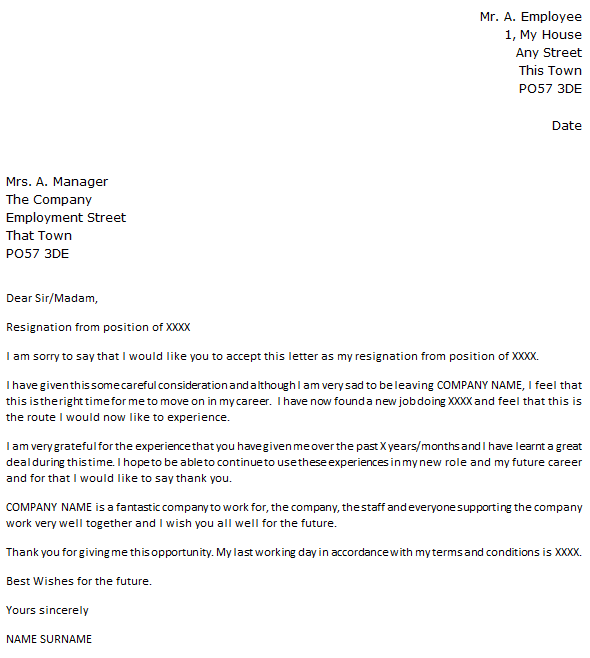 Resignation Letter Example With Regret Icover uk
