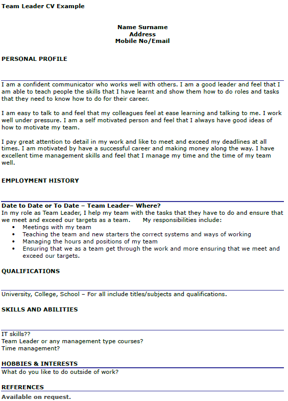 Team Leader CV Example Icover uk
