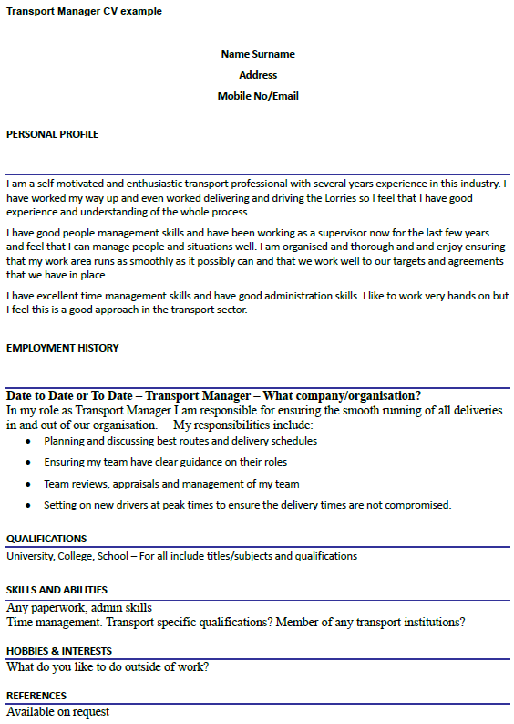 Transport Manager CV Example Icover uk